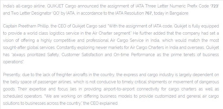 Quikjet Cargo Announced the Assignment of IATA Code - Quikjet